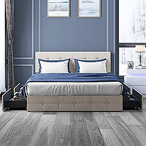 Mjkone Platform Bed Frame with 4 Storage Drawers, Upholstered California King Size Bed Frame with Square Button Tufted Adjustable Headboard, Wood Slat Support/No Box Spring Needed/No Mattress, Beige