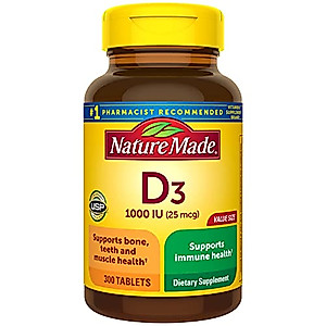 Nature Made Vitamin D3 1000 IU (25 mcg), Dietary Supplement for Bone, Teeth, Muscle and Immune Health Support, 300 Tablets, 300 Day Supply