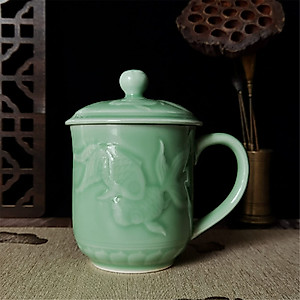 Handmade Celadon Coffee Mug Tea cup with Lid 13oz Porcelain Milk Cup Embossed with Goldfish Ceramic Microwave and Dishwasher Safe (Green)