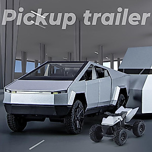 1/32 Diecast Pickup Trailer RV Model Toy Truck with Beach Motorcycle, Alloy Metal Pickup Truck Model Diecast Vehicles with Sound Light Pull Back, Birthday Gifts for Boys Adults (Silver)