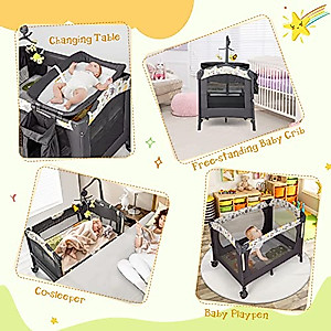 HONEY JOY Pack and Play, 4 in 1 Baby Bedside Sleeper w/Diaper Changing Table & Storage Bag, Toy Rack & Music Box, Portable Baby Playard with Bassinet, Carry Bag for Newborn to Toddlers (Gray)