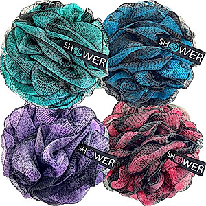 Loofah-Charcoal Bath-Sponge-Color-Set XL-75g by Shower Bouquet - Extra Large 4 Pack, Soft Mesh Black Bamboo Loufa Puff - Exfoliating Body Scrubber for Women and Men: Soothing Face & Body Exfoliator