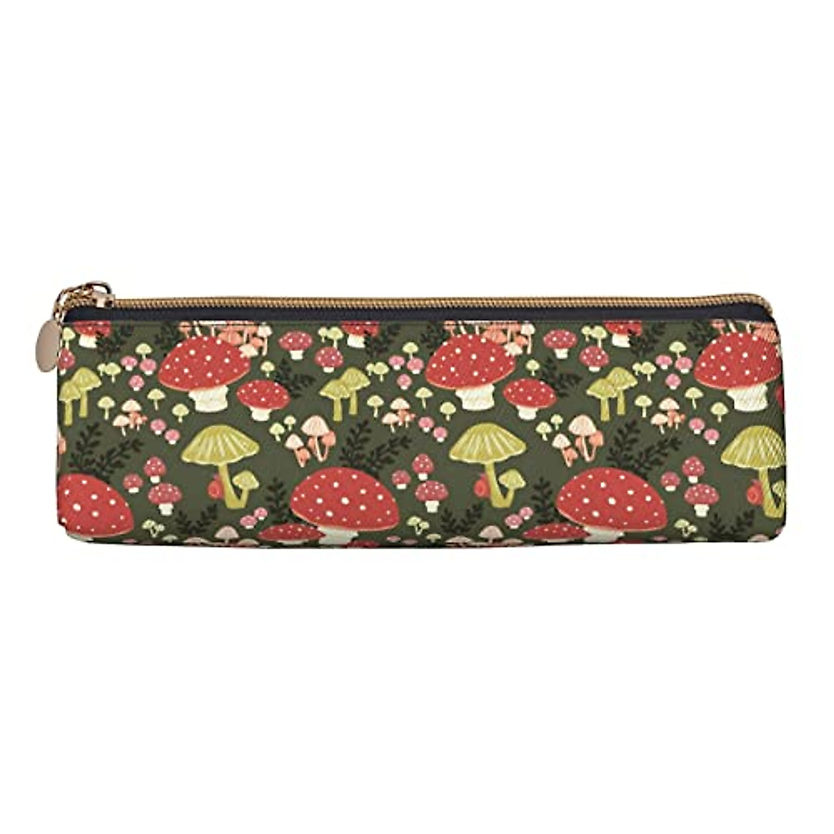 Ykklima Mushrooms Pattern Leather Pencil Case Zipper Pen Makeup Cosmetic Holder Pouch Stationery Bag for School, Work, Office