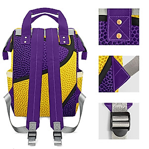 Anneunique Personalized Purple Yellow Basketball Print Tote Bag Backpacks Custom with Text Mommy Bag Gift for Boy Girl