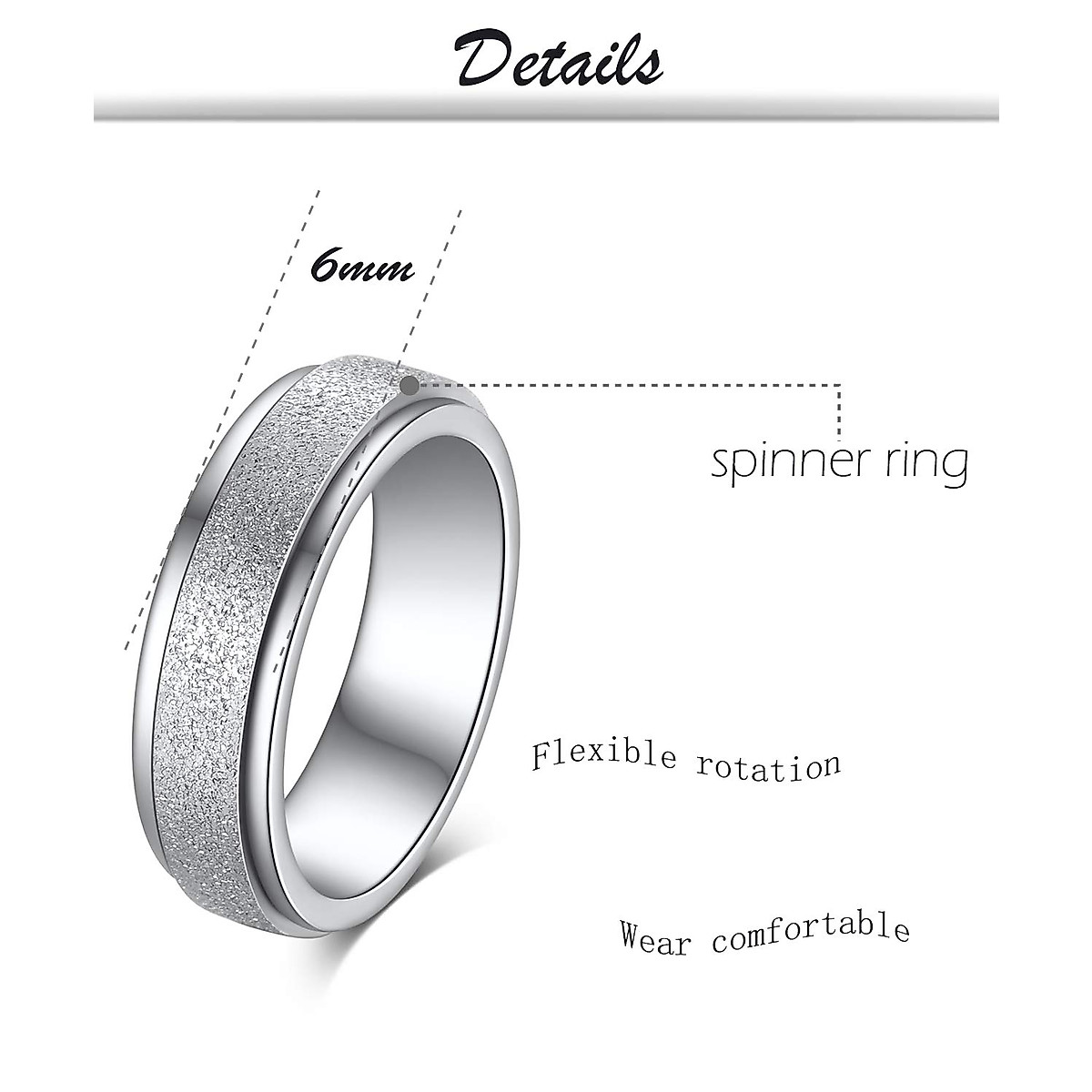 Tornito Stainless Steel Spinner Ring Engagement Wedding Band for Women Sand Blast Finish Step Edge Sleek 6MM
