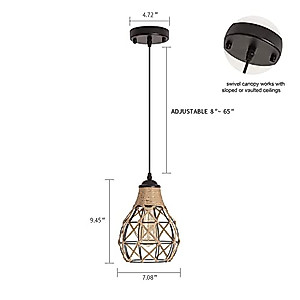Rustic Industrial Woven Pendant Light, One-Light Adjustable Metal Hemp Rope Mini Pendant Lighting Fixture for Kitchen Island Cafe Bar Farmhouse, Black