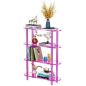 solaround Clear Bookshelf, Acrylic Bookcase with Open Book Shelf Console Table for Entryway Office (4 Tier Pink)