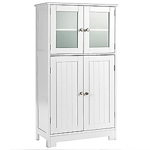 Tangkula Bathroom Floor Cabinet, Freestanding Storage Cabinet w/Glass Doors, Wooden Kitchen Cupboard w/Adjustable Shelf, Bathroom Storage Cabinet for Hallway Living Room Office (Cabinets, White)