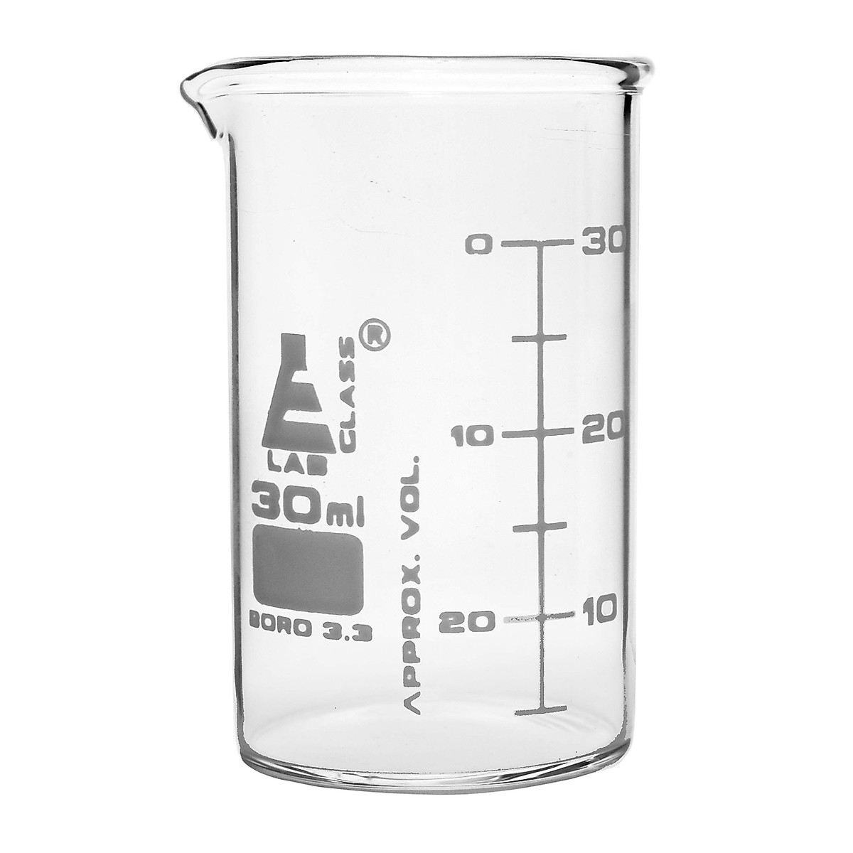 EISCO 12PK Beakers, 30ml - ASTM - Low Form with Spout - Dual Scale, White Graduations - Borosilicate 3.3 Glass