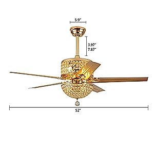 52 Inch Modern Luxurious Crystal Fan Chandelier Reversible Silent Ceiling Fan Light Three Wind Speed Adjustable with Remote Control 5 Blades Decorative Fan Light Fixture Bedroom Living Room(Gold）