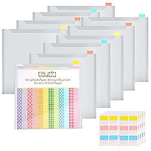 Caydo Scrapbook Paper Storage Organizer with 60 Sticky Index Tabs, 10 Pack Plastic Paper Storage Bag for Holding 12 x 12 Inch Scrapbook Paper Cardstock Vinyl Paper and Paper File