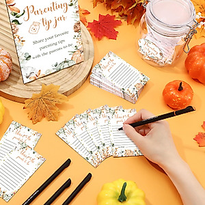 Suzile 76 Pcs Baby Shower Game Prizes Advice Baby Shower to Baby Parenting Tip Jar Sign for New Parents 60 Cards 12 Pens 2 Cute Stickers 1 Pet Bottle for New Parents Guest Party(Pumpkin Theme)