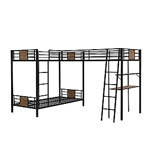 Merax Metal L-Shaped Twin Over Twin Bunk Bed with a Twin-Size Loft Bed Attached, Triple Bunk Bed with Desk and Shelf for Teens, Adults, Black and Brown Wood