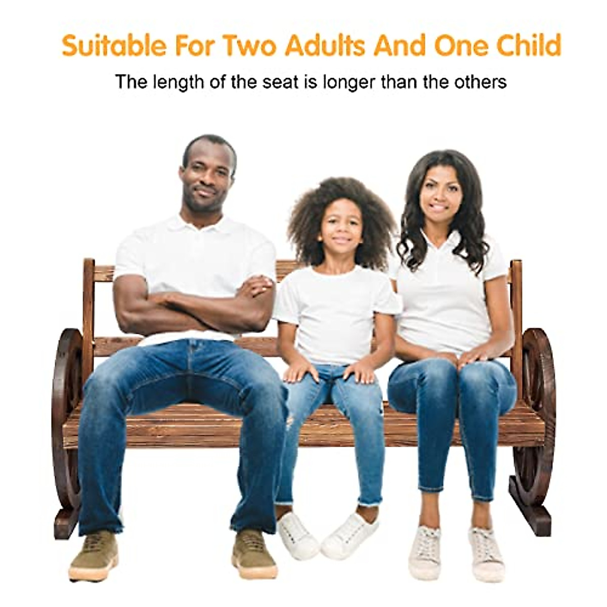 Kinsunny 3-Person Wooden Wagon Wheel Bench Rustic Wood Seat Bench Outside Rustic Benches for Patio Garden Outdoor