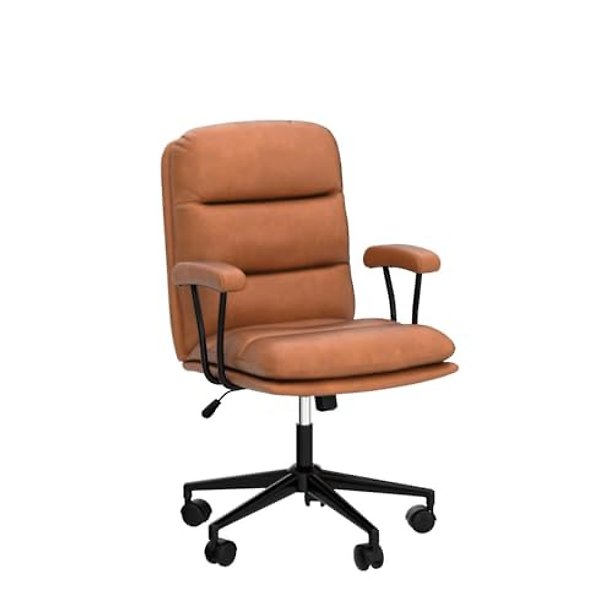 DICTAC Brown Leather Office Chair,Mid Century Home Desk Chair with Padded Mid-Back Support Removable Armrests Height Adjustable
