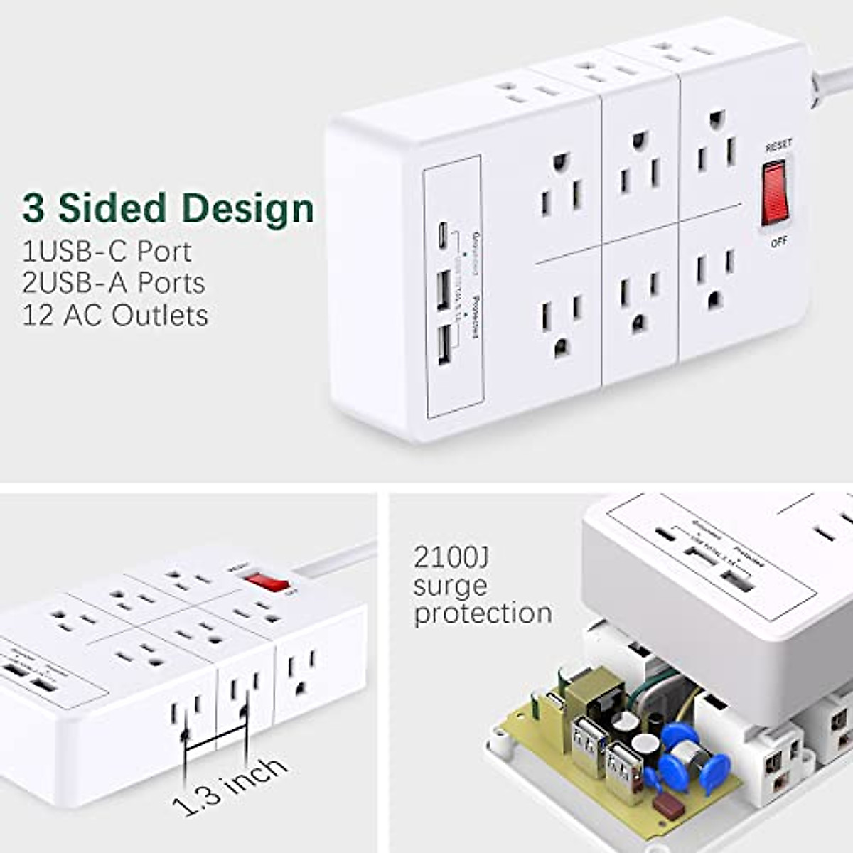 Power Strip with USB C - 12 Widely Outlets with 2 USB Charging Ports+1 USB C Total 3.1 A, 6 ft Long Heavy Duty Extension Cord,Overload Surge Protection, Surge Protector Wall Mount for Home (White)