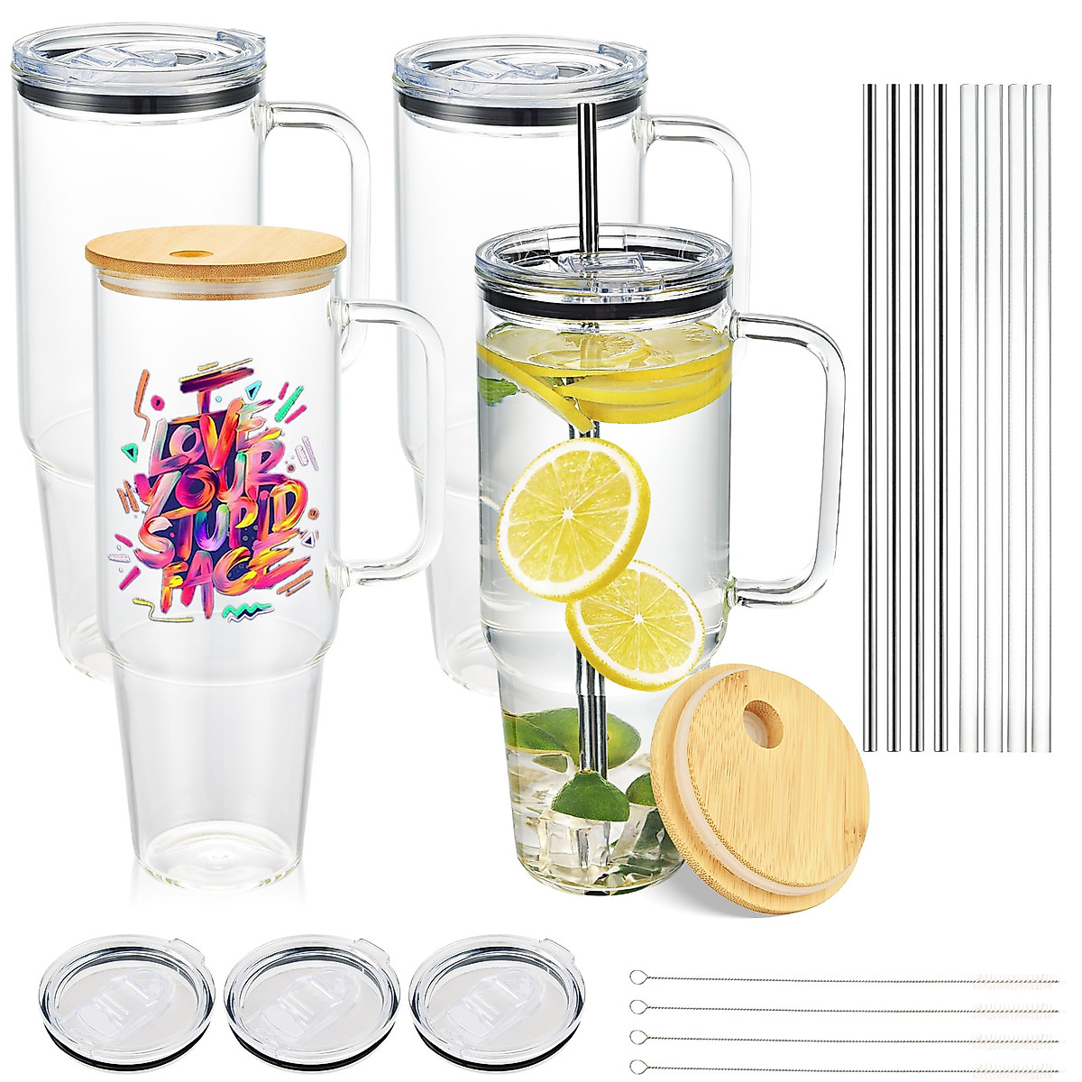 Laosh 40 oz Sublimation Glass Tumbler with Handle, Clear Tumblers with Lid and Straw, 40oz Large Capacity Drinking Glass Cups Bulk for Smoothie, Beer, Coffee, Tea, Milk, soda, water - 4 Pack