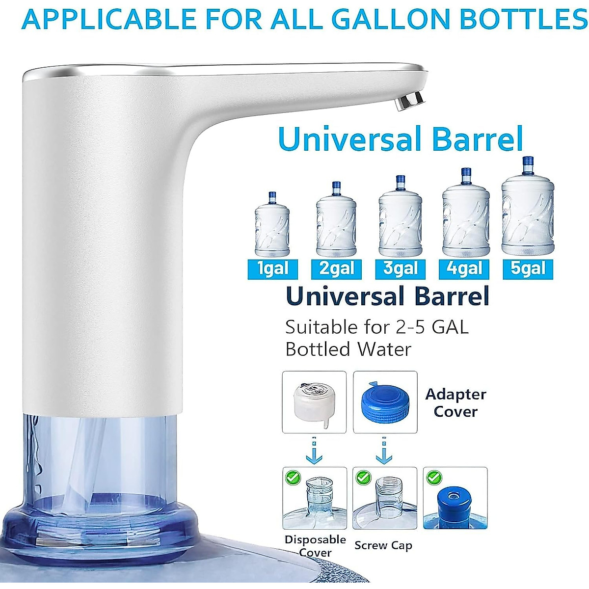 VINMEN 5 Gallon Water Bottle Pump Water Bottle Dispenser, Water Pump for 5 Gallon Jug,USB Charging Automatic Drinking Water Pump,Water Bottle Switch for Universal Bottles - Grey Silver