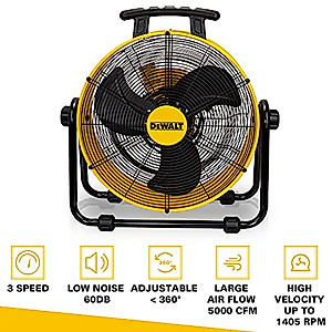 DEWALT DXF-2042 High-Velocity Industrial,Floor,Drum,Barn,Warehouse Fan Heavy Duty Mover Portable Air Circulator 3-Speed Adjustable Tilt, 20", Yellow