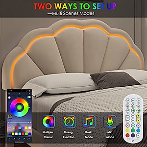 HIFIT Queen Upholstered Smart LED Bed Frame with Adjustable Elegant Flowers Headboard, Platform Bed Frame Queen Size with Wooden Slats Support, No Box Spring Needed, Easy Assembly, Beige