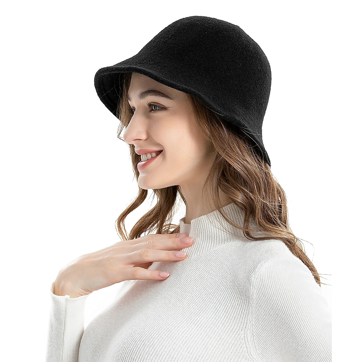 ZLYC Womens Winter Wool Bucket Hats Warm Solid Fedora (Black)