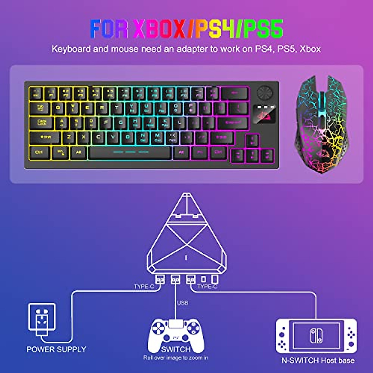Wireless Gaming Keyboard and Mouse Combo,12 RGB Backlit with Rotary Knob,Long-Lasting Rechargeable Battery 4000mAh,N-Key Rollover,Quick and Quiet Typing Keyboard and Mouse for PC PS4 PS5(Black)