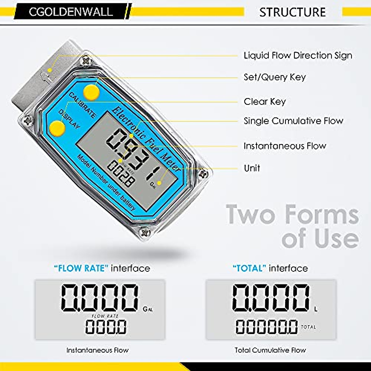 CGOLDENWALL 1inch Water Flow Meter 1" Digital Fuel Flowmeter Inline, 1" FNPT Inlet/Outlet, Measuring Range 2.5-26GPM, Flow Meter for Water Diesel Kerosene Gasoline, 1inch