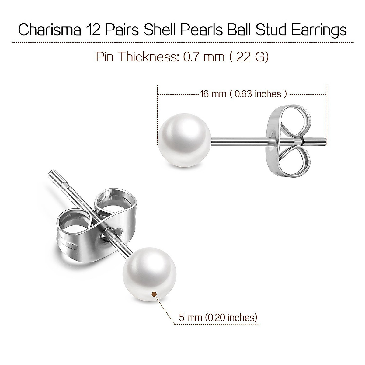 Charisma 5mm Composite Pearl Earrings Round Ball Pearls Stud Earrings Hypoallergenic 12 Pairs Imitation Pearl Earrings Set for Women