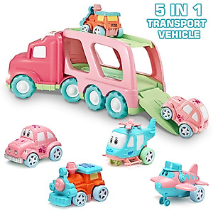 Carrier Car Toy Set(5 in 1) with Lights and Sounds, Pink Toy for Girl Toddler Kid, Friction Powered Double Layer Transport Truck with Cartoon Vehicles, Child Play Birthday Gift Christmas Party Favors