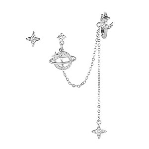 Planet CZ Moon Star Ear Cuff Wrap Clip On Clawler Climber Hoop 925 Sterling Silver Stud Chain Threader Tassel Asymmetric Earrings for Women Cute Hypoallergenic Gifts Daughter Bff (silver)