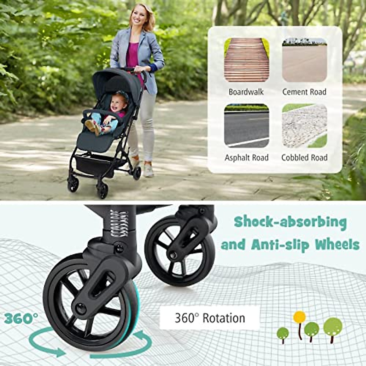 Jogging Stroller, One-Hand Fold Jogger Travel System with 360° Rotate Front Wheels Backrest Adjustable Canopy Safety Harness Footrest Storage Basket Lightweight Jogger Stroller for Baby (Black)