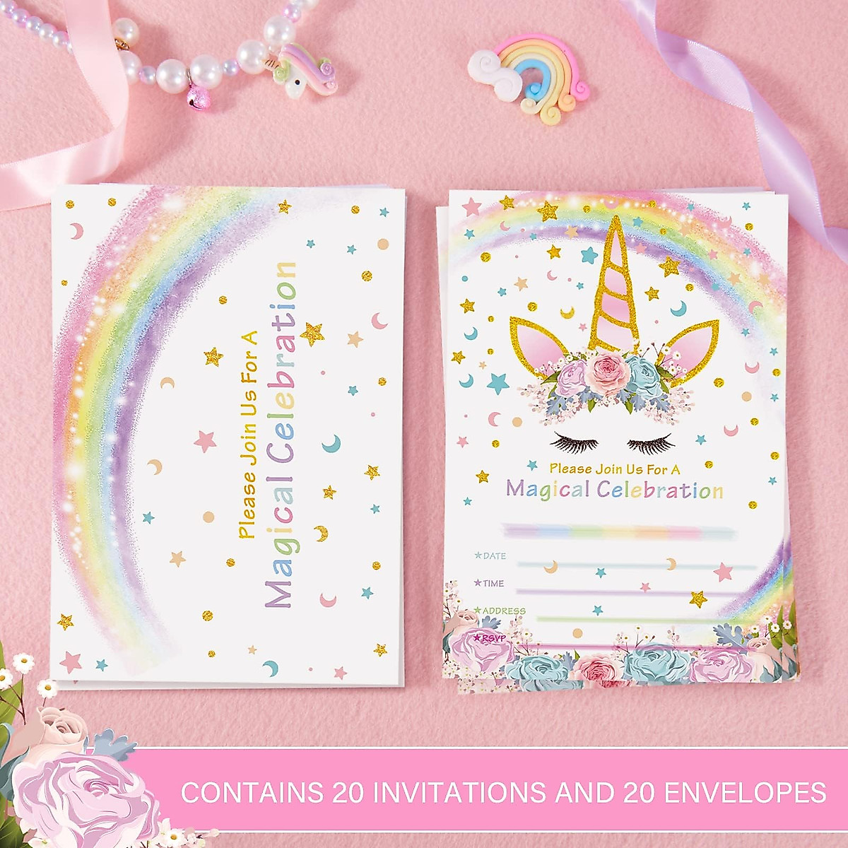 AMZTM Magical Unicorn Party Invitations with Envelopes for Kids Birthday Baby Shower Unicorn Party Supplies 20 Pieces of Fill-in Blank Invitation Card Kit