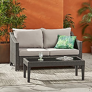 Christopher Knight Home Antibes Outdoor Wicker Loveseat and Table Set with Water Resistant Cushions, 2-Pcs Set, Grey / Silver