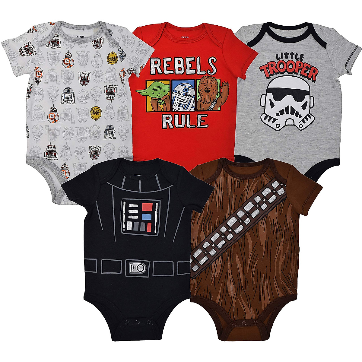 STAR WARS Baby Boys 5 Pack Bodysuits Darth Vader Chewbacca Storm Trooper 6-9 Months