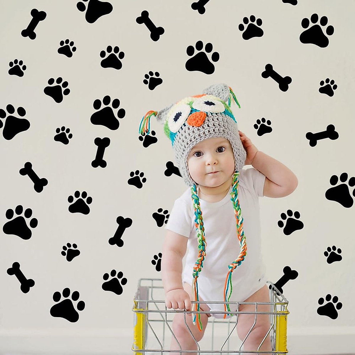 IUMLXJO 76PCS Dog Paws Wall Decals, Vinyl Stones Print Wall Stickers Decor Removable Footprint Mural Wallpaper Decoration for Kids Boys Girls Nursery Bedroom Living Room