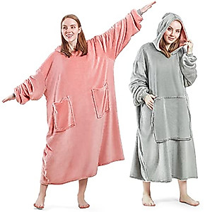 Homde Wearable Blanket, Oversized Blanket Hoodie, Gifts for Women and Men, Super Big Size Fits All, Cozy Sweatshirt Blanket with Sleeves and Pocket, Double-Sided Wearable, Two-Color (Pink & Grey)