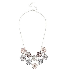 LUX ACCESSORIES Faux White Pink Grey Mauve Floral Flower Statement Necklace