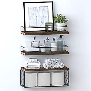 Floating Shelves Wall Mounted with Storage Basket and Protective Guards,Bathroom Shelves Over Toilet,Rustic Wood Shelves for Bedroom,Living Room,Kitchen,Wall Decor,Plants,Books-Dark Brown