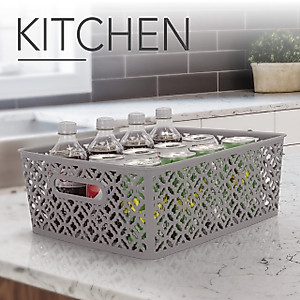 BROOKSTONE - 2 Pack Large Storage Baskets with Handles, Decorative Woven Pattern, Versatile and Stylish Organizers for Home, BPA Free Plastic Bins