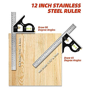 RONGPRO Rafter Square and Combination Square Tool Set, 7 Inch Triangle Carpenter Square Die-cast Aluminum Alloy and 12 Inch Zinc-Alloy Die-Casting Combo Square Ruler - Rafter Square Layout Tool