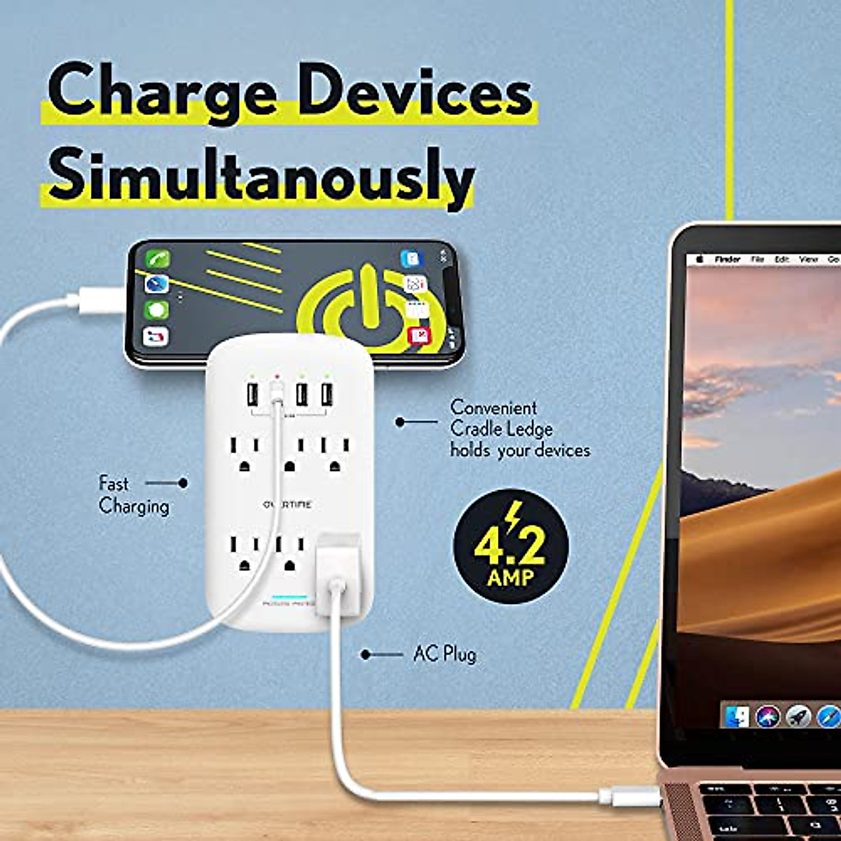 6 Outlet Extending Surge Protector, Multi Outlet Extender Wall Adapter with 4 USB Fast Charging Ports, 6 AC Outlets, Phone Mount, 1200J Surge Protection, ETL Certified (1-Pack, White)