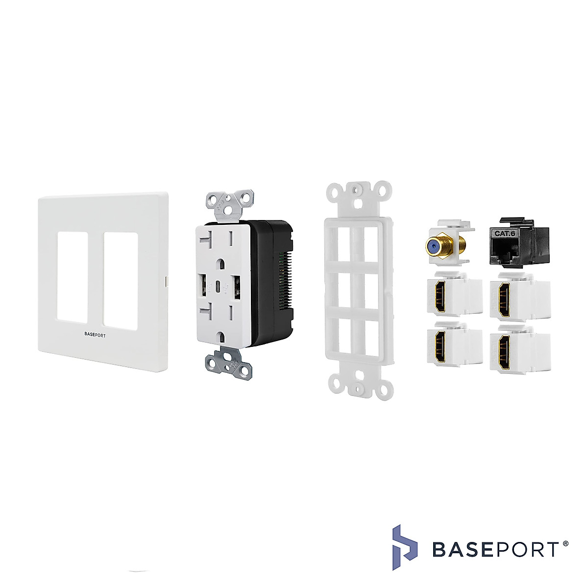 BASEPORT Premium Media Outlet Wall Plate - 6.3A USB Wall Outlet 2 USB A 2.0 + 1 USB C 3.0, 20A Dual Power Outlet, 4 HDMI Keystone Jack, Coaxial + Cat6 Rj45 Ethernet Outlet - White Dual Gang Face Plate