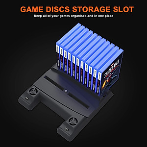 BEJOY Multifunctional Vertical Stand with Dual Cooling Fans for PS5 Console, 3-Level Rotate Fans Speed, Dual Type-C PS5 Charging Station with Gaming Headset Holder, 11 Games Boxes Storage, Black