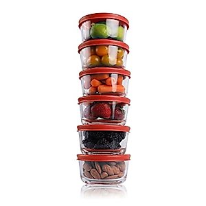 BOVADO USA 2 Cup Glass Food Storage Containers (6 Pack) | Nonpourous Dishwasher, Freezer & Oven Safe Glass, Easy-Clean | Red Lids