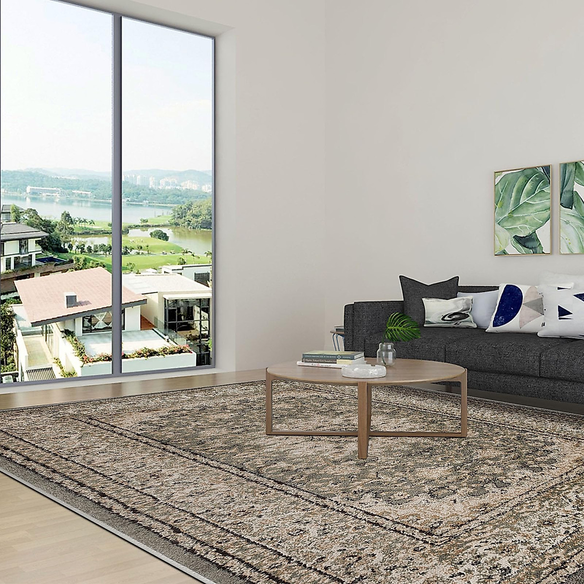 SunNewt Stain Resistant Washable Area Rug 9x12 Living Room Large Rugs Soft Faux Wool Non-Shedding Low-Pile Floor Carpet for Dining Laundry Room Bedroom Bed Side, Olive