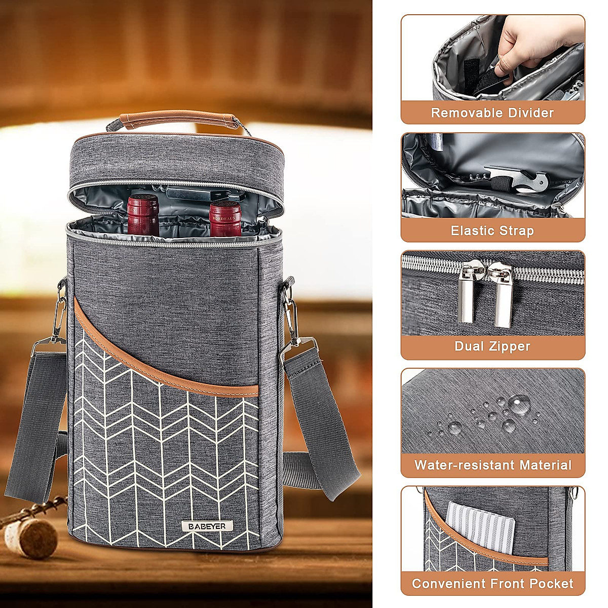 BABEYER 2 Bottles Wine Tote Bag Insulated Wine Cooler Carrier for Wine Tasting, Party, Travel, Beach, BYOB Restaurant, Sport Events, Wine Gifts for Women Wine Lovers-Grey