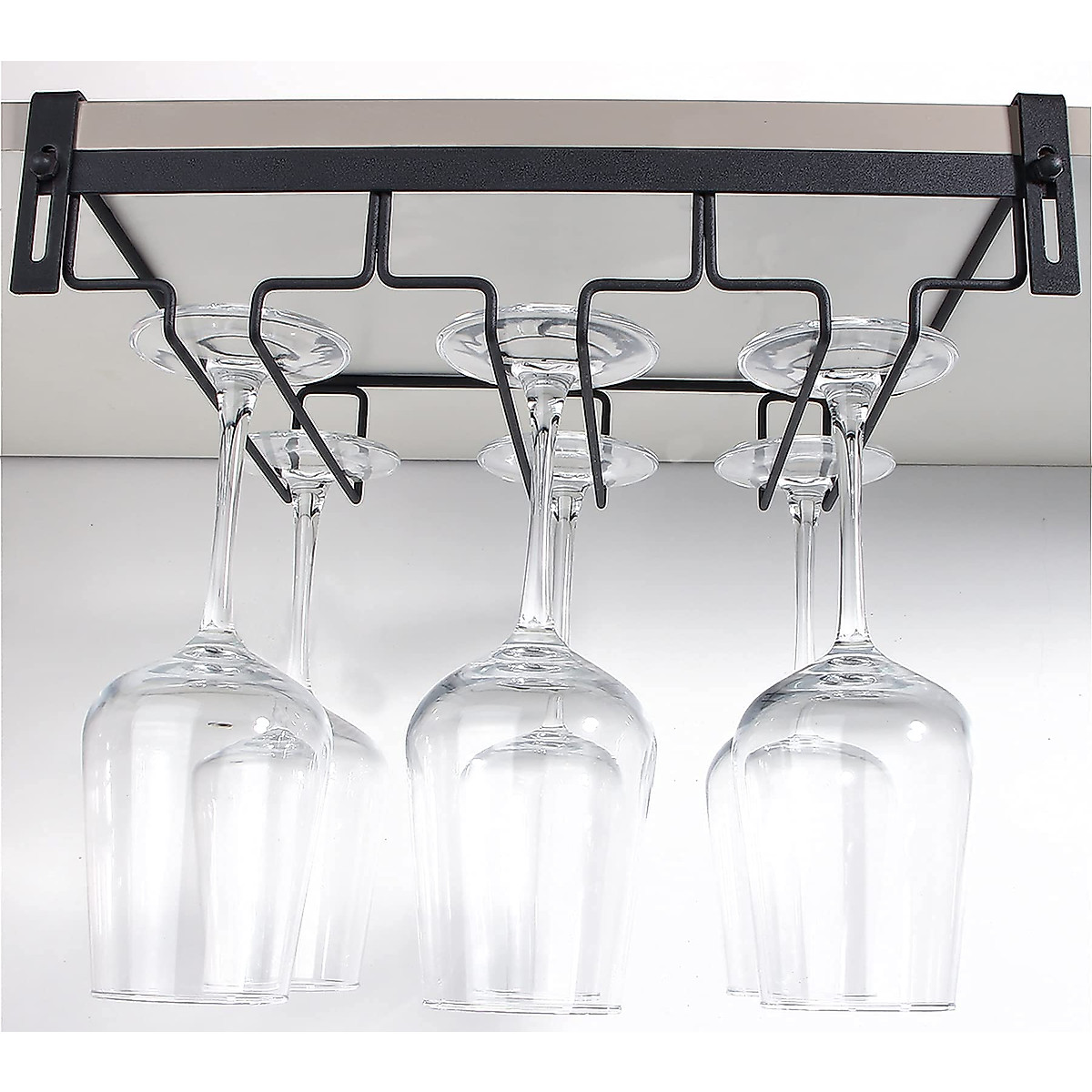 Kamehame Wine Glass Rack Under Cabinet, Nail Free Hanging Stemware Rack Metal Glasses Holder Storage Hanger for Kitchen, Bar(3 Rows, Black)