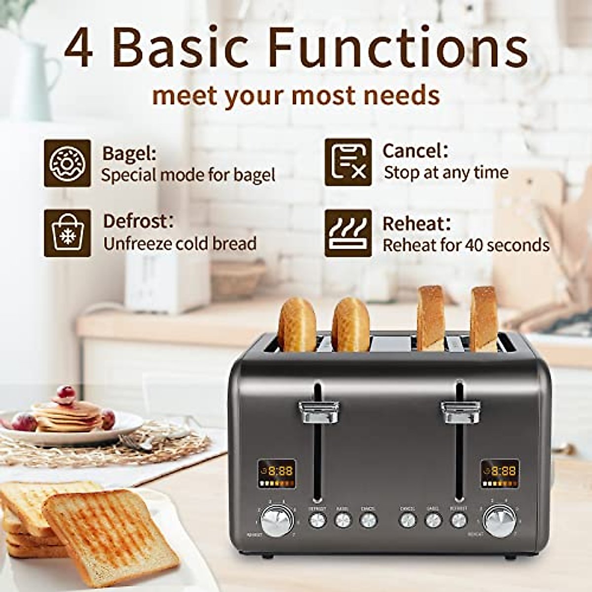 SEEDEEM Toaster 4 Slice, Stainless Steel Bread Toaster with Colorful LCD Display, 7 Bread Shade Settings, 1.4'' Wide Slots Toaster with Bagel/Defrost/Reheat Functions, Removable Crumb Tray, Dark Metallic, 1800W