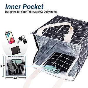 iknoe Insulated Lunch Bag for Women, Durable Wide-Open Foldable & Portable Lunch Tote with Interior Pockets, Water-resistant Thermal Lunch Cooler for Adults Picnic Beach-Black Plaid