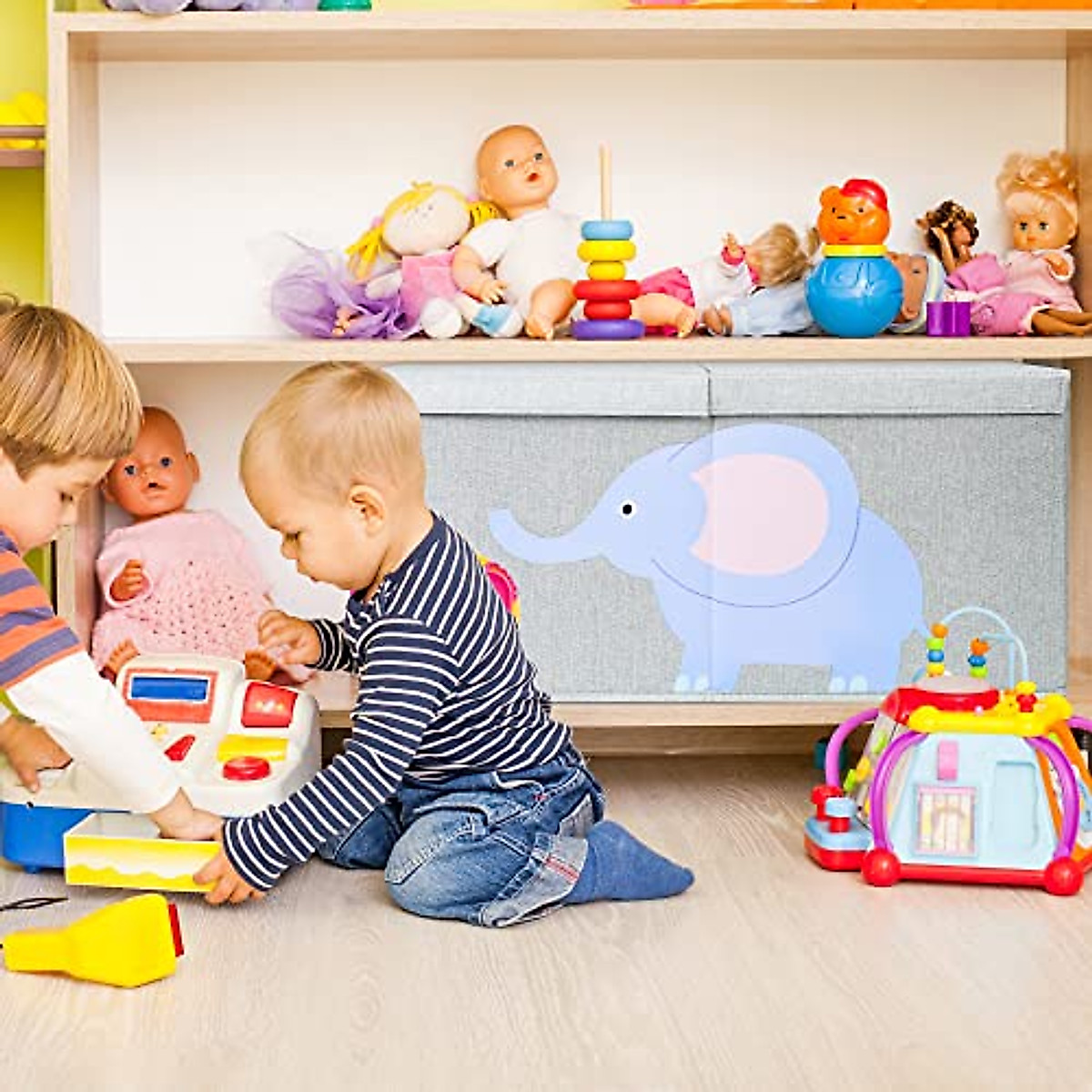 DECOSIS Collapsible Toy Storage Box with Animal Pattern, 86L Large Capacity Fabric Toy Box, Half Flap Design, Sturdy Toy Box for Girls and Boys, Playroom, Living Room, Bedroom (Elephant)